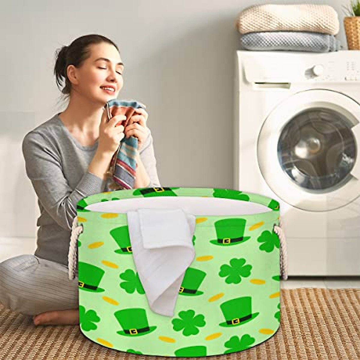 St. Patrick's Day Green Clover Leaves (10) Large Round Baskets for Storage Laundry Baskets with Handles Blanket Storage Basket for Bathroom Shelves Bins for Organizing Nursery Hamper Girl Boy