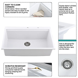 33 White Drop In Kitchen Sink Workstation-iAnomla 33x22 Drop-in Topmount Quartz Composite White Kitchen Sink Drop In Workstation Single Bowl Kitchen Sink with Cutting Board&Drain