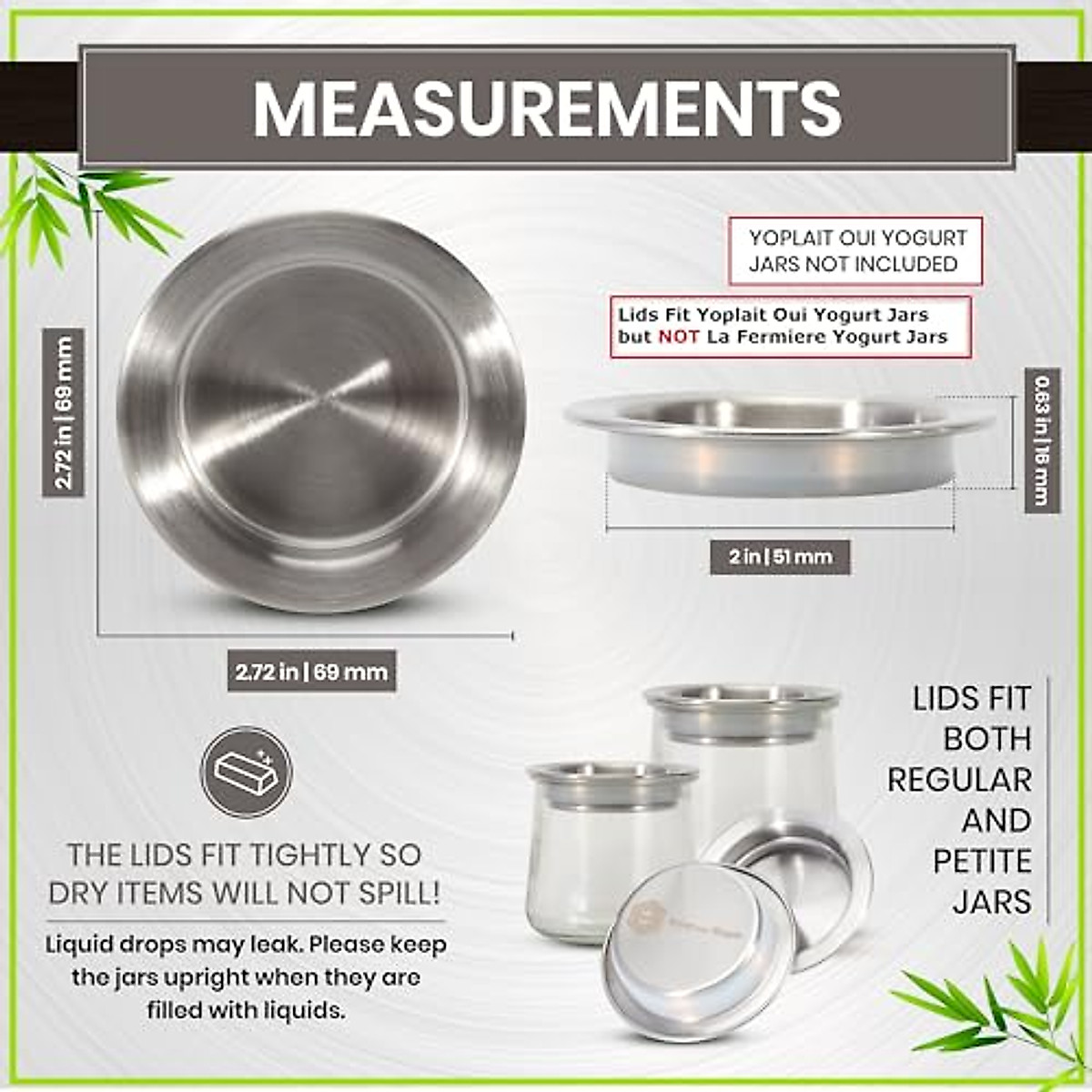 4 Oui Yogurt Jar Lids | Stainless Steel Metal Yoplait Oui Lids Only | Food Safe, Durable, Airtight, Reusable | Water and Liquids Contact Safe | For Regular or Petite Dessert Oui Jars| 4-Piece Set