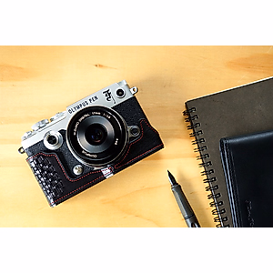 PENF Case, BolinUS Handmade Genuine Real Leather Half Camera Case Bag Cover for Olympus PEN-F Bottom Opening Version -Black