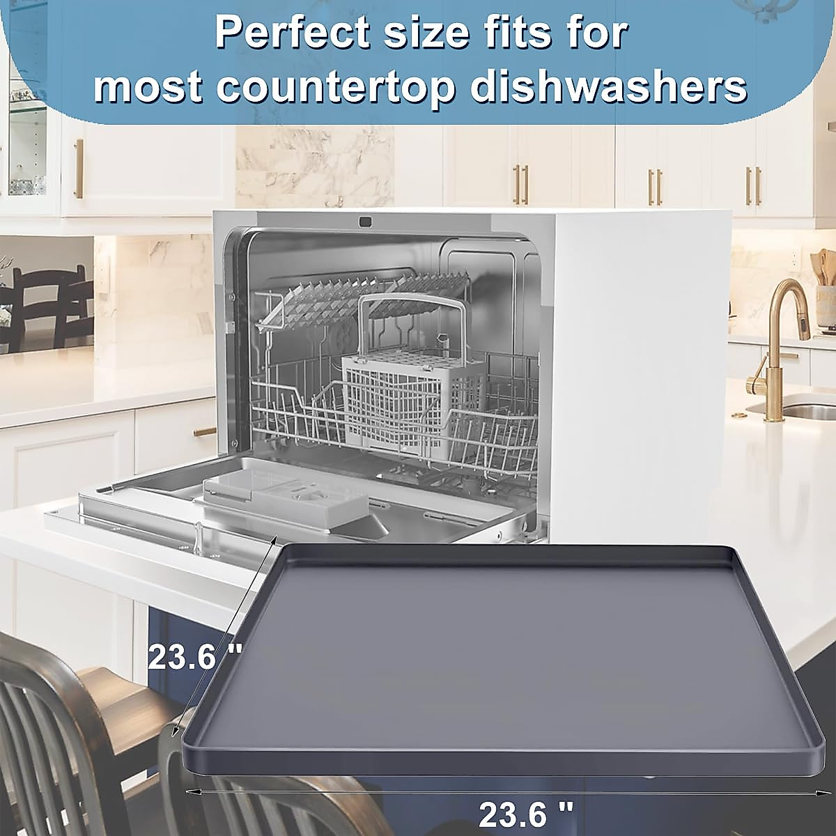Dishwasher Drain Pan Mat, Portable Dishwasher Silicone Mat with Raised Edge, Small Dishwashers Drip Pan Dishwashers Tray for Leaks, Non-Slip Waterproof Protector Pad, 23.6''x23.6''