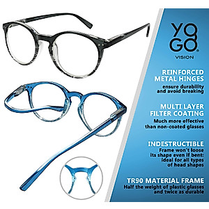 Yogo Vision Reading Glasses for Women Men Blue Light Blocking Reading Glasses Round Readers Transparent Blue, Transparent Brown, Transparent Purple, Black 2.75