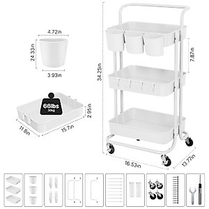 LEZIOA 3 Tier Rolling Cart, Ajustable Art Craft Cart Organizer on Wheels, Metal Utility Storage Cart with Handle for Kitchen Bathroom, Mobile Multifunctional Salon Trolley Makeup Cart, Easy Assembly