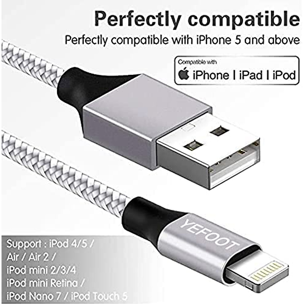 [Apple MFi Certified] 5Pack(3/3/6/6/10FT) iPhone Charger Nylon Braided Fast Charging Lightning Cable Compatible iPhone 14Pro/14/13Pro/13/12Pro/12/11and More-Silver&White