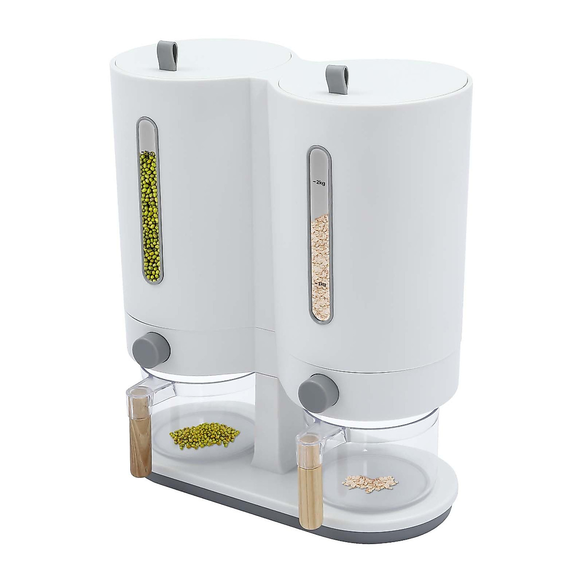 Xuthusman 11.02 lbs Dual Rice Dispenser with Two Measuring Cups, Free-standing Rice Dispenser, PP Dual Rice Storage Container 12 * 5.9 * 14.17in (White+Grey+Clear)