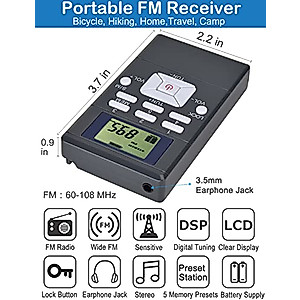 ZHIWHIS Mini Portable FM Radio, Stereo LCD Digital Display Tuning Pocket Walkmen Transistor Conference Receiver with Earphone, Small Pocket Radio Operated by AAA Batteries for Walking/Running