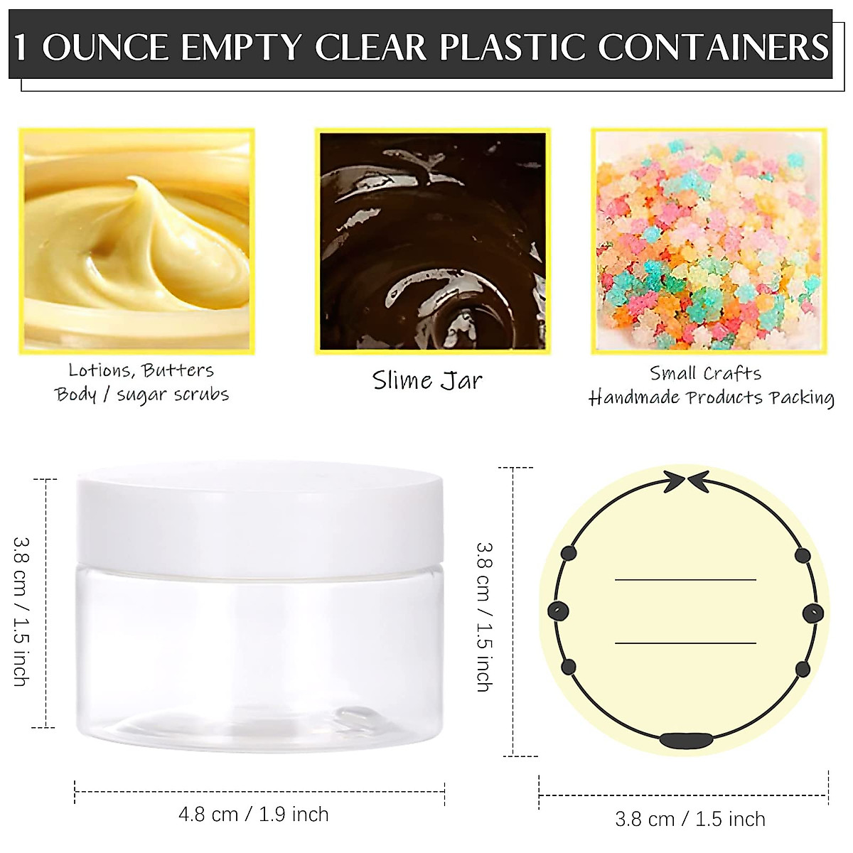 TUZAZO 1 OZ Plastic Jars Round Clear Cosmetic Container Jars with Lids and Labels, 12 Pack Small Plastic Jars for Lotion, Cream, Ointments, Makeup, Glitters, Samples, Travel Storage