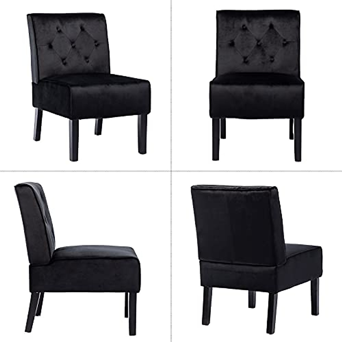Freemax Velvet Fabric Accent Chair Armless Leisure Side Chair Cute Decorative Slipper Chair Small Tufted Single Sofa Chair for Living Room Bedroom Office Reading Room Nook (Black)