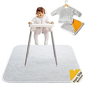 2-in-1 Waterproof Baby Splat Mat for Under High Chair (51” x 51”) with Toddler Smock and Weaning Ebook - Large Non-Slip Infant High Chair Mat Food Catcher Protects Floor from Mealtime Messes