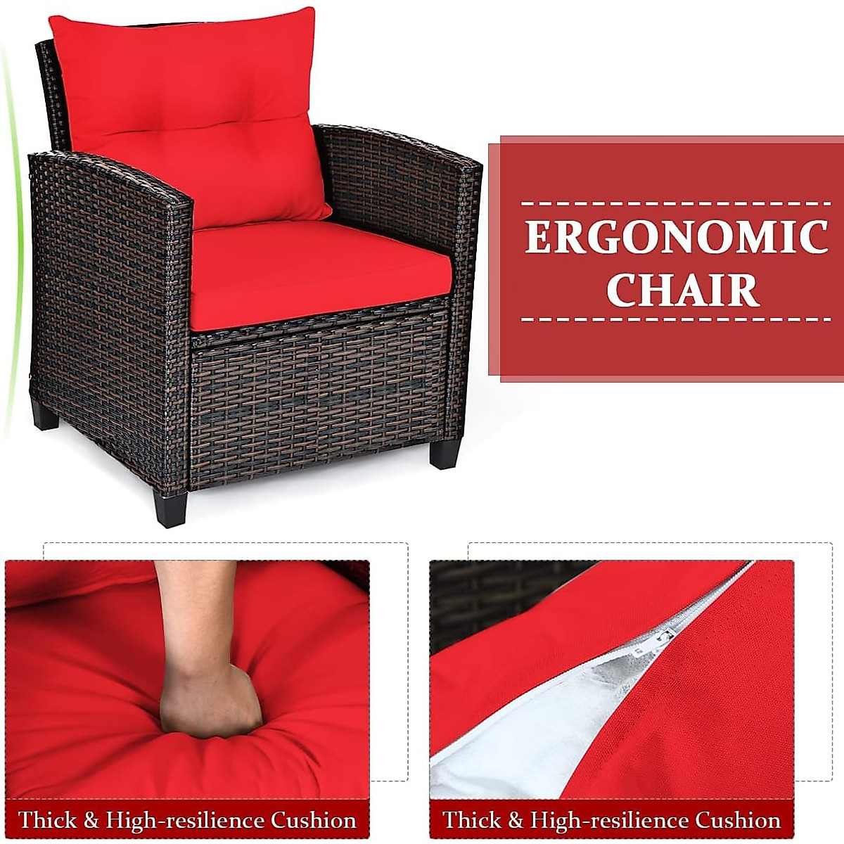 LDAILY Patio Furniture Set, 3 Pieces PE Rattan Wicker Patio Sofa Chairs with Washable Cushion & Glass Table, Outdoor Furniture Conversation Sets for Porch, Balcony, Garden, Poolside (Red)