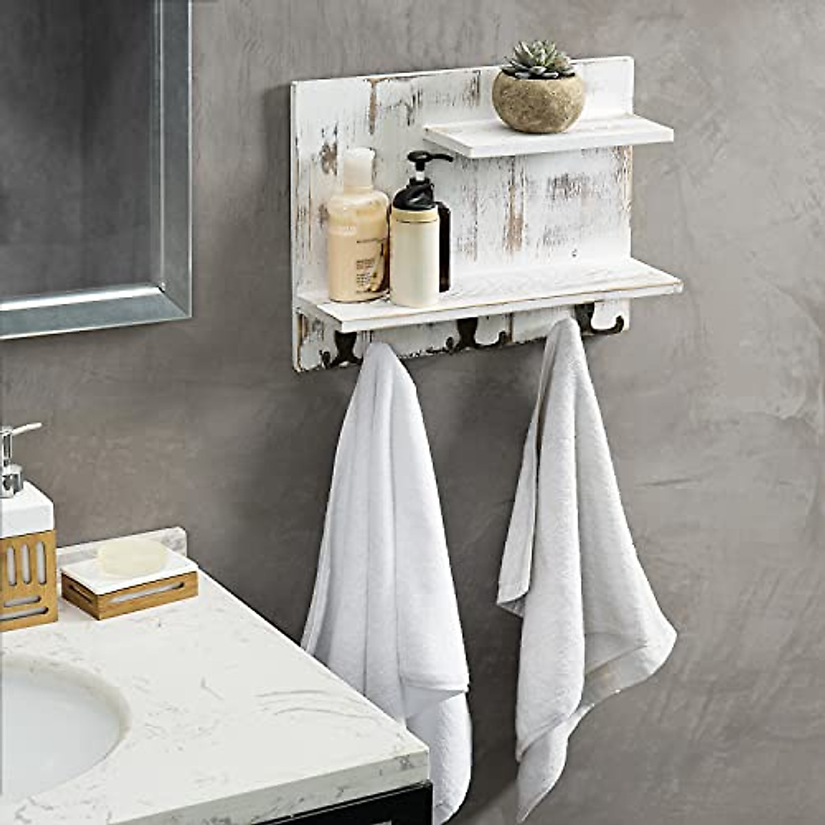 MyGift Shabby Whitewashed Wood Wall Mounted Storage Organizer Shelf with 6 Hooks