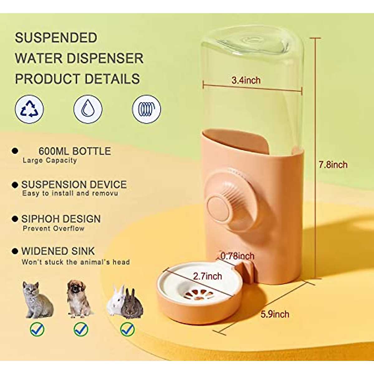 Calymmny Large Rabbit Water Bottle, 20oz Hanging Automatic Water Dispenser by Gravity Flow for Bunny Chinchilla Guinea Pig Ferrets (BLUE)