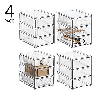 mDesign Plastic Stackable Organizer with 3 Drawers - Pull-Out Drawer Storage Bin for Bathroom Sink/Cabinet Organization - Perfect for Makeup, Small Towels, and More - Lumiere Collection, 4 Pack, Clear
