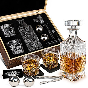 Whiskey Decanter Set Whiskey Stones Gift Set for Men Whisky Glasses in Gifts Box 2 Reusable Stainless Steel Whisky Ball 2 Crystal Whisky Glass 1 Whiskey Decanter for Men Lovers Boyfriend Dads