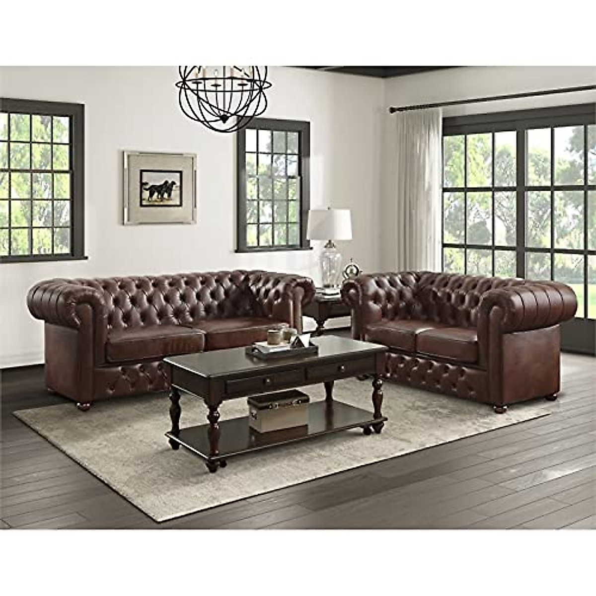 Pemberly Row Chesterfield Tufted Faux Leather Sofa, 3 Seater Antique Roll Arm Sofa Couch for Home Living Room, Dark Cognac Brown