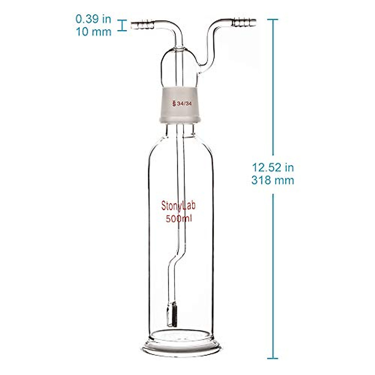 stonylab Gas Washing Bottle, Borosilicate Glass 34/34 Stopper Gas Bubbler Gas Washing Bottle with Fritted Disc and 8 mm OD Inlet/Outlet Hoses, 500 ml