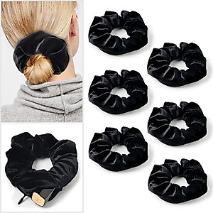Ivyu Velvet Scrunchies With Pocket Zipper Hair Ties for Women Big Vsco Girl Stuff Scrunchy Hidden Hair Black Scrunchie Ponytail Holder Elastic Bands Gifts for Women