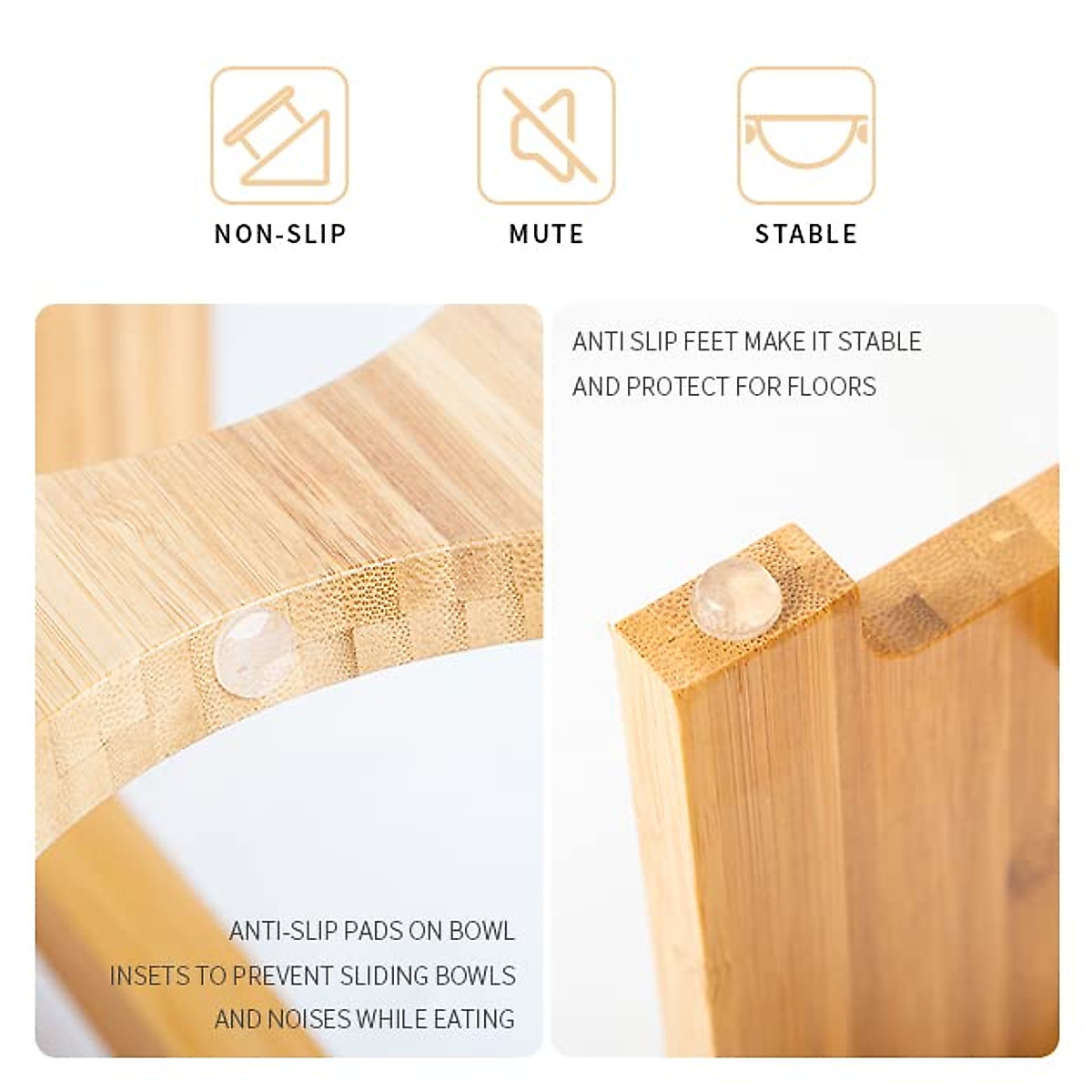 FOREYY Raised Pet Bowls for Small and Medium Dogs, Bamboo Elevated Dog Cat Food and Water Bowls Stand Feeder with 2 Stainless Steel Bowls and Anti Slip Feet (New 7'' Tall)