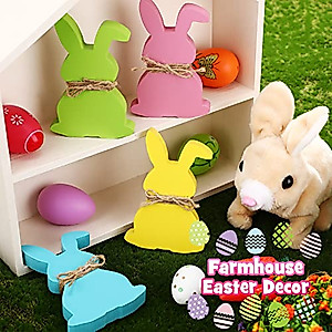 4 Pieces Easter Bunny Table Wooden Signs Spring Bunny Decor Easter Rabbits Shape Signs Farmhouse Easter Decor Easter Tiered Tray Decor with Rope for Easter Party Supplies Desk Office Home Decoration