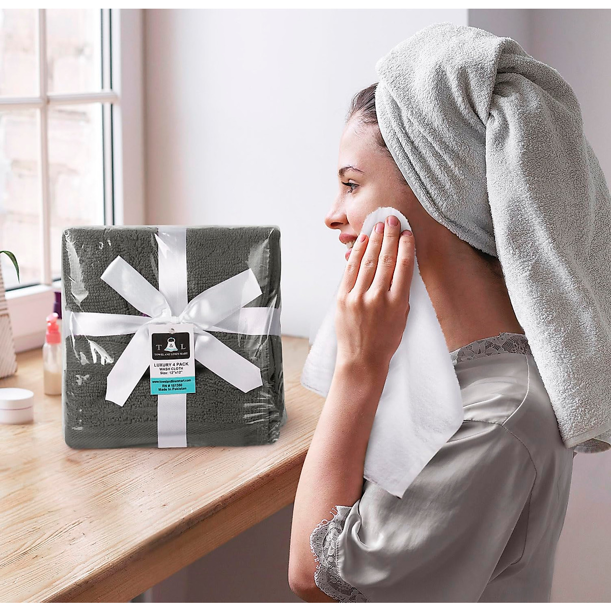 Towel and Linen Mart 100% Cotton - Wash Cloth Set - Pack of 4, Luxurious, Highly Absorbent and Soft Feel Perfect for Daily Use (12 x 12 4 PK White & Grey)