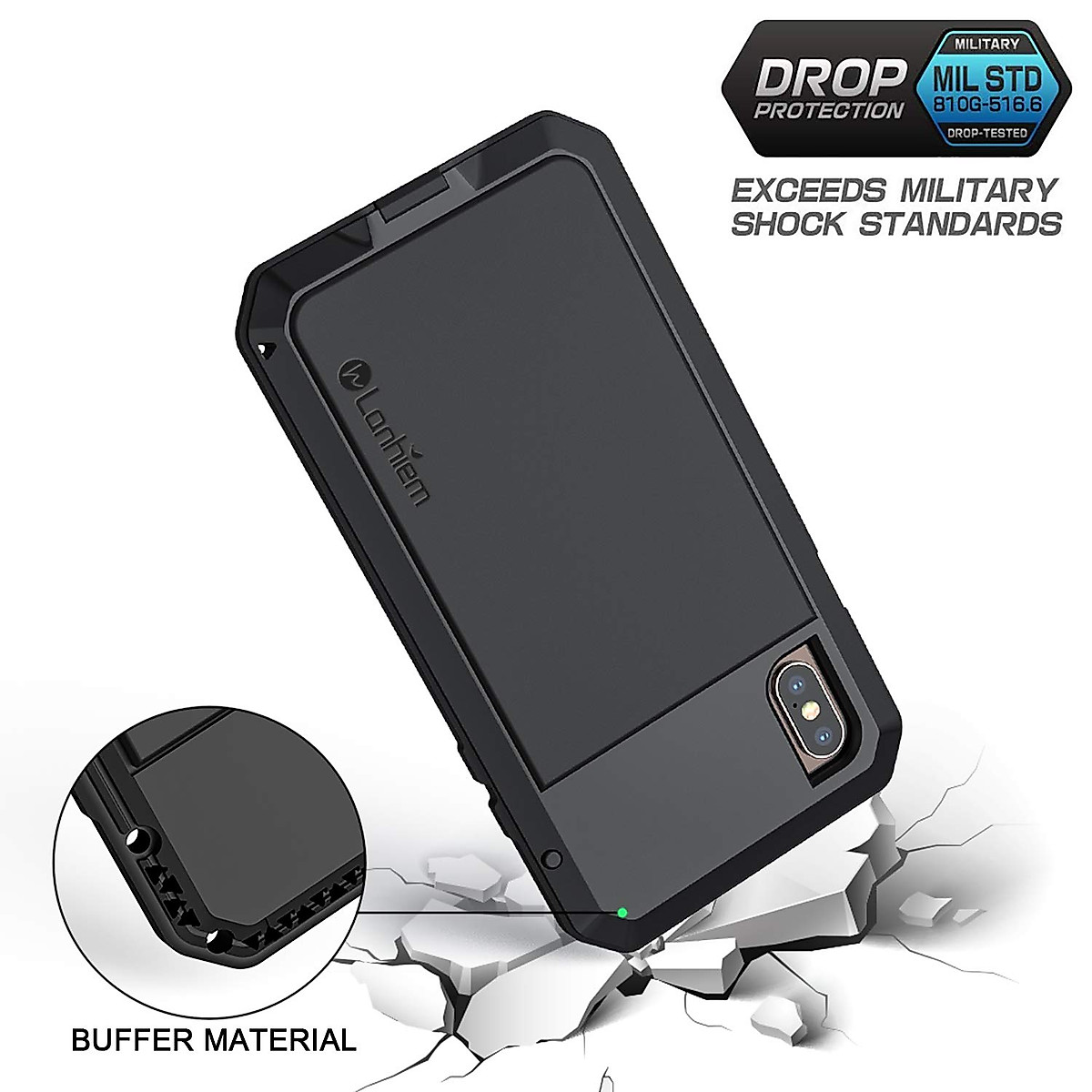 Lanhiem iPhone Xs Max Metal Case, Heavy Duty Shockproof [Tough Armour] Rugged Case with Built-in Glass Screen Protector, 360 Full Body Protective Cover for iPhone Xs Max (6.5" 2018) -Black