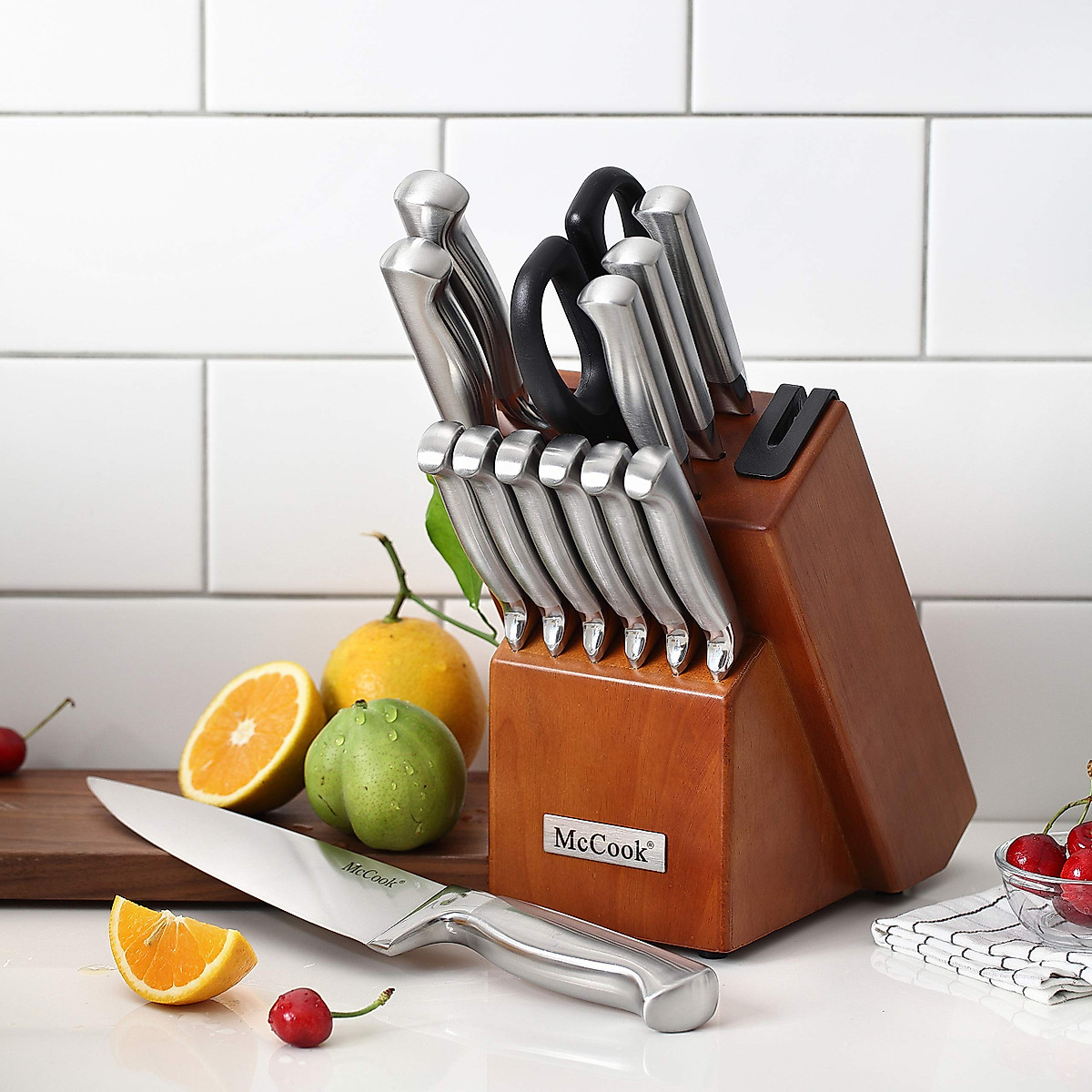 McCook MC29 Knife Sets,15 Pieces German Stainless Steel Kitchen Knife Block Sets with Built-in Sharpener