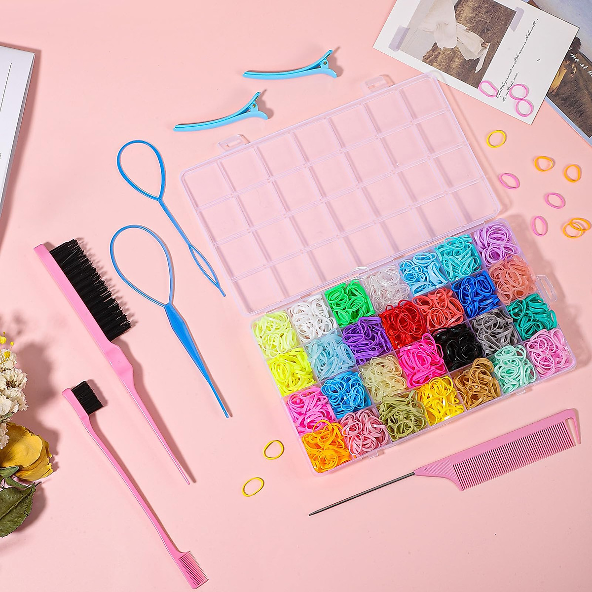 28 Colors Rubber Bands with 7 Hair Styling Tools, 2100 Pcs Colorful Elastic Ties Small Rubber Bands Baby Toddler Ties for Girls Hair Accessories Christmas Gifts