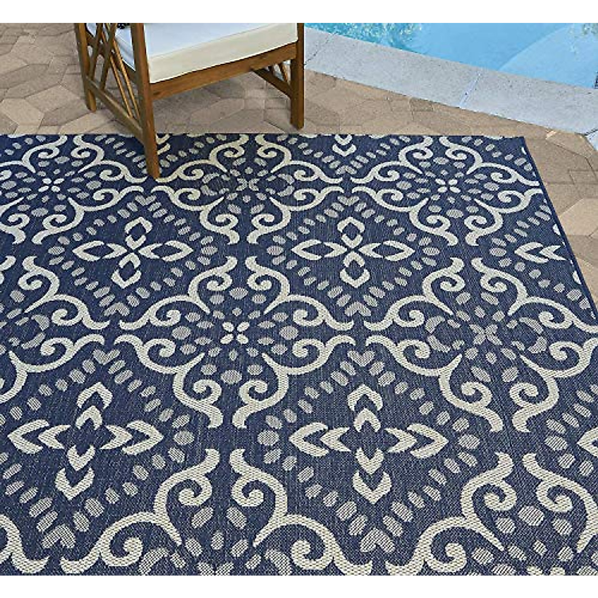 Gertmenian Indoor Outdoor Classic Flatweave Area Rug, Stain & UV Resistant Carpet, Deck, Patio, Poolside & Mudroom, 8x10 Ft Large, Floral Medallion, Navy Blue, 21571