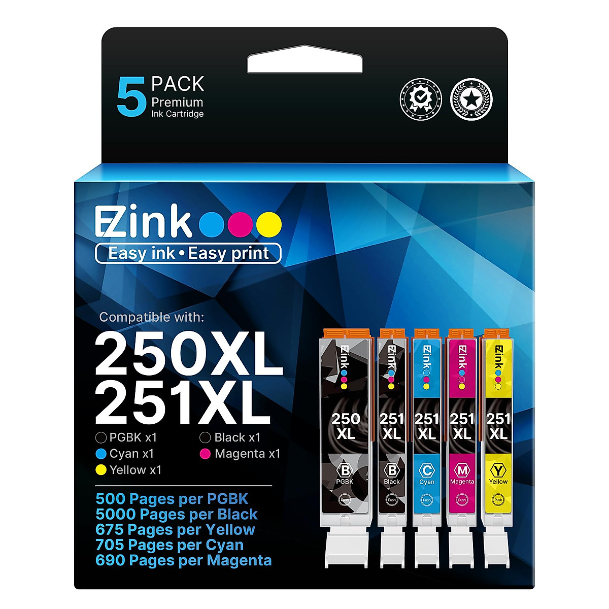 E-Z Ink (TM Compatible Ink Cartridge Replacement for Canon PGI-250XL PGI 250 XL CLI-251XL CLI 251 XL to use with PIXMA MX922 MG5520 (1 Large Black, 1 Cyan, 1 Magenta, 1 Yellow, 1 Small Black) 5 Pack