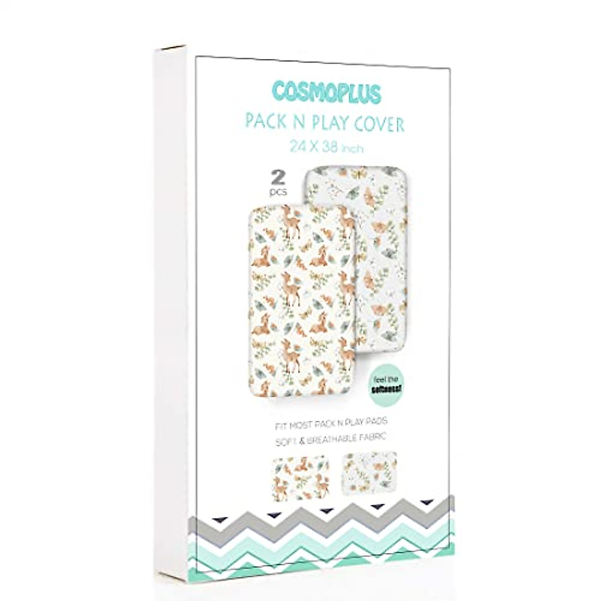 COSMOPLUS Stretch Pack n Play Sheets 2 Pack, Mini Crib Sheets Sets Fitted Pack and Play Sheets Playard Sheets Ultra Stretchy Soft,Butterfly Deer