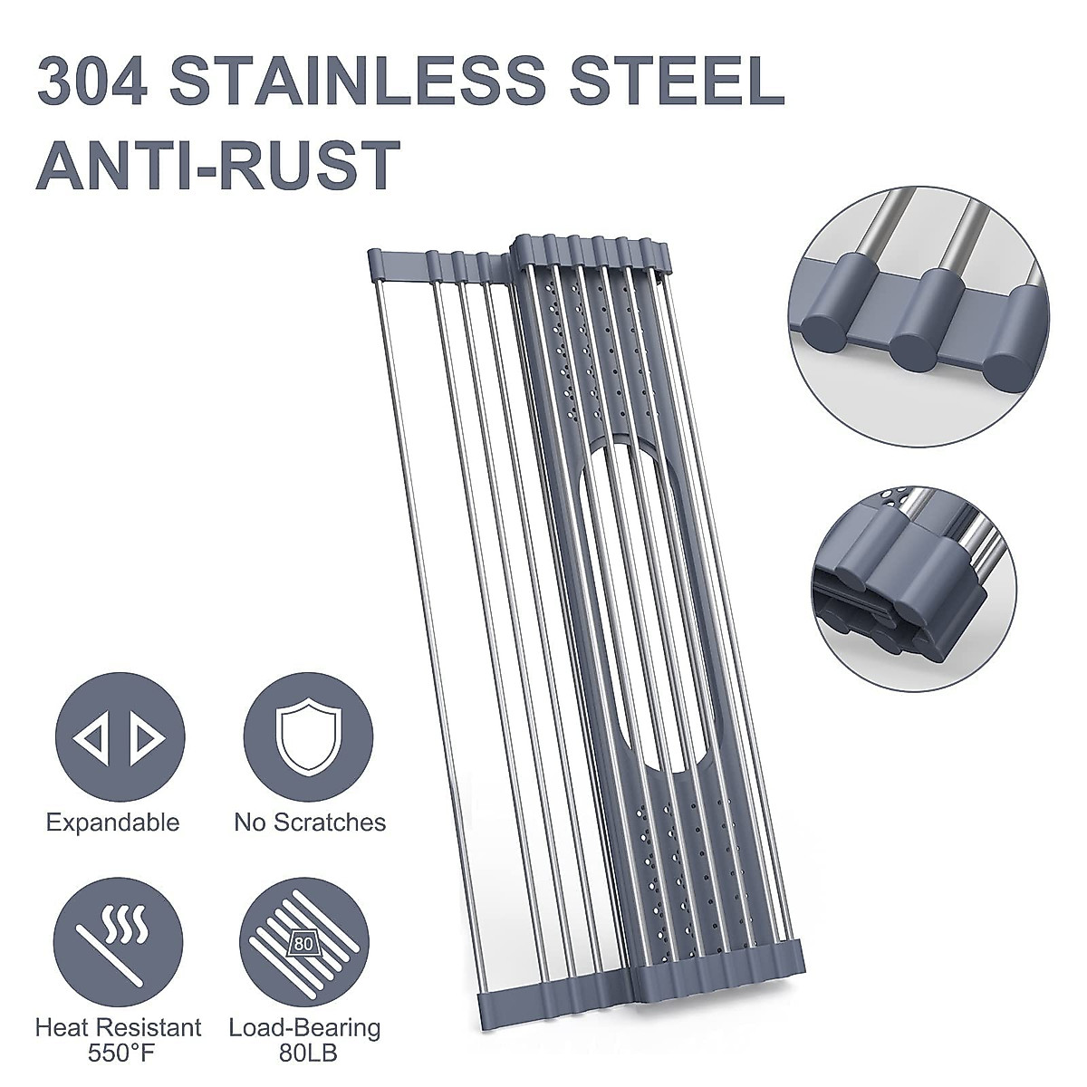 LEMIKKLE Roll Up Dish Drying Rack 17.5" x 15.2" Over The Sink Dish Drying Rack,Multi-Purpose Kitchen Rolling Dish Drainer Foldable SUS304 Stainless Steel Dish Drying Rack