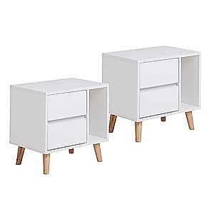 CLIPOP Set of 2 Modern Nightstand with 2 Drawers, Open Shelf, Solid Wood Legs, Wood Bedside Table with Vertical Open Storage, End Side Table for Bedroom Living Room (White)