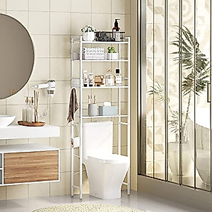 HOME BI Over The Toilet Storage Shelf ，Bathroom Organizer Over The Toilet Storage 4-Tier ，Wooden freestanding Toilet Shelf for Space Storage Toilet with Hooks (White Oak)