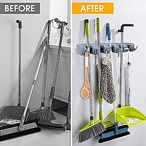 Feir Mop Broom Holder Wall Mounted Kitchen Hanging Garage Utility Tool Organizers and Storage Rack For Commercial Bathroom Laundry Room Closet Gardening (Grey)