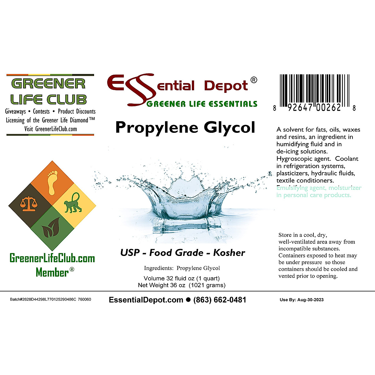 Propylene Glycol - USP - Kosher - Food Grade - USP - Kosher - 36 oz net wt in a 1 Quart Safety Sealed HDPE Container with resealable Cap