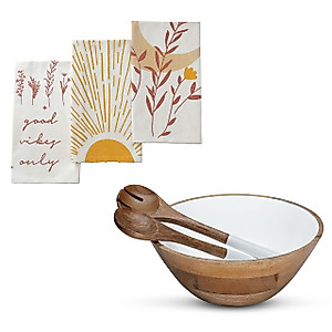 Folkulture Dish Towels for Drying Dishes or Boho Kitchen Towels with Hanging Loop with Salad Bowls or Decorative Wooden Bowls for Serving, Dishcloths Set for Farmhouse Decor with Rustic Fruit Bow