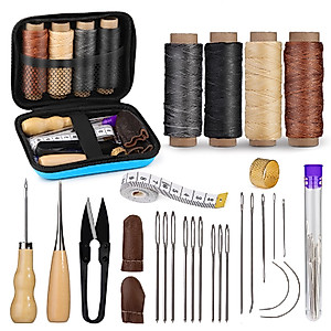 Leather Sewing Kit, Leather Working Tools and Supplies, Leather Working Kit with Large-Eye Stitching Needles, Waxed Thread, Leather Upholstery Repair Kit, Leather Sewing Tools for DIY Leather Craft