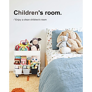 2-Tier Rolling Cart with Wheels, G-Hemobel Metal Utility Cart with 3 Hanging Cups and 2 Lockable Wheels, Organizer Cart with Multi-Functional Storage, White