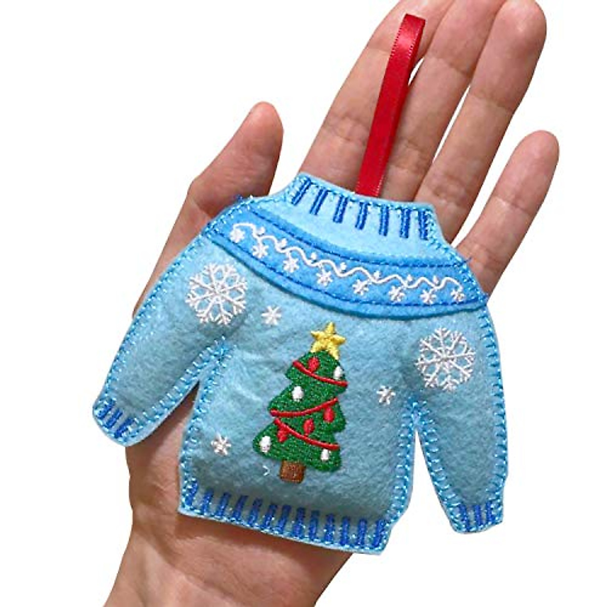 Christmas Ornaments - Set of 6 Plush Felt Handmade Hanging Decorations in Santa, Gingerbread Man, Mitten, Elf Shoe, Ugly Sweater, Stocking Design for Trees and Advent Calendars - Approx. 3.5" Each