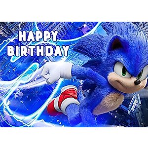 8x6FT Blue Sonic Hedgehog Happy Birthday Themed Photography Backdrop Sonic Boom Superhero Kids 1st Birthday Party Photo Background Studio Banner