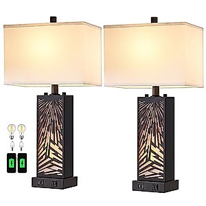 Reyokale Set of 2 Modern Table Lamps for Living Room, Vintage Nightstand Lamp with Dual USB Ports, Contemporary Night Light Desk Lamps for Bedroom Bedside End Table Entryway, 4 Bulbs Included (Black)