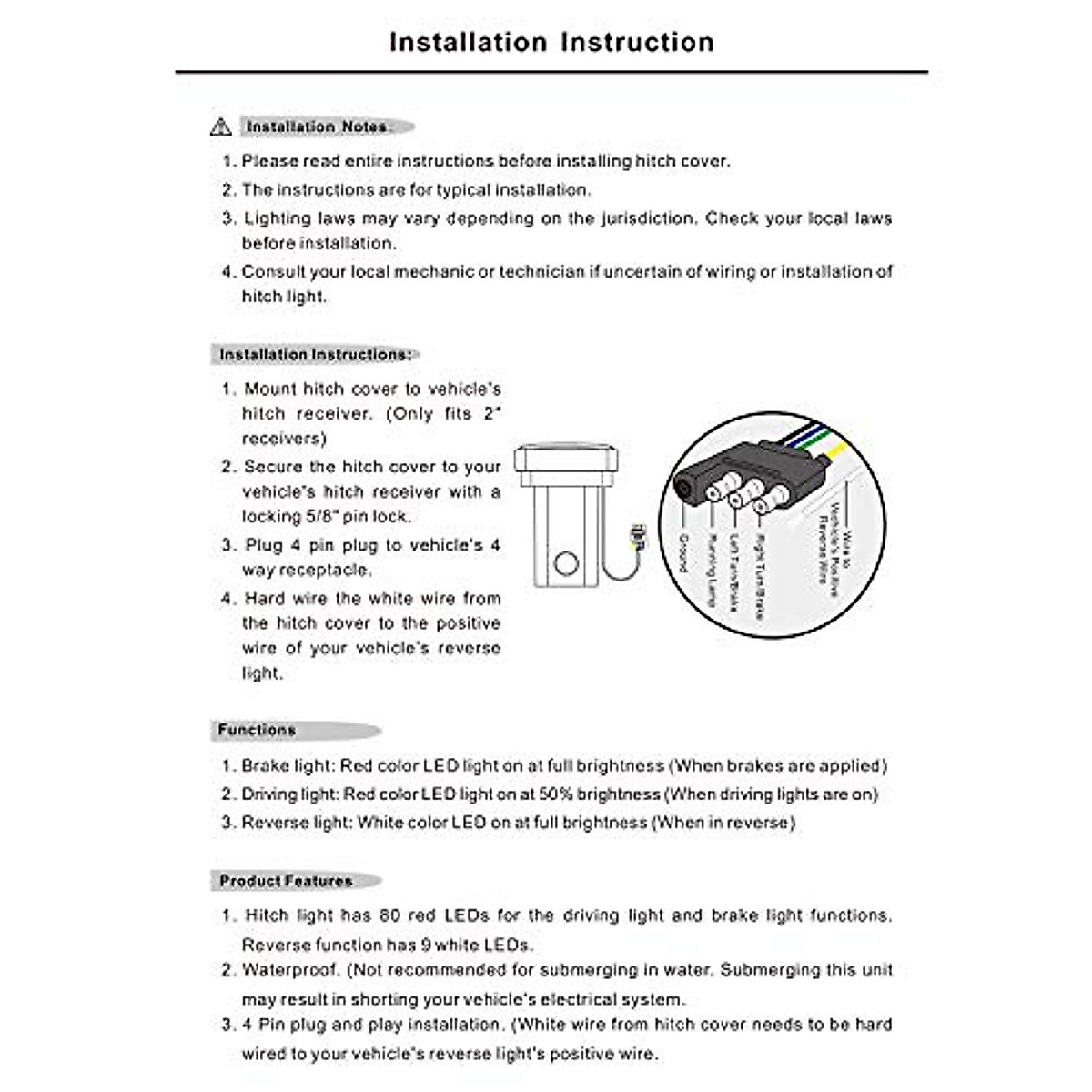 TC Sportline 3" 80 LED Brake Driving Lamp with Reverse Light, Truck SUV Trailer Towing Hitch Receiver Cover for 2" Class III Hitch