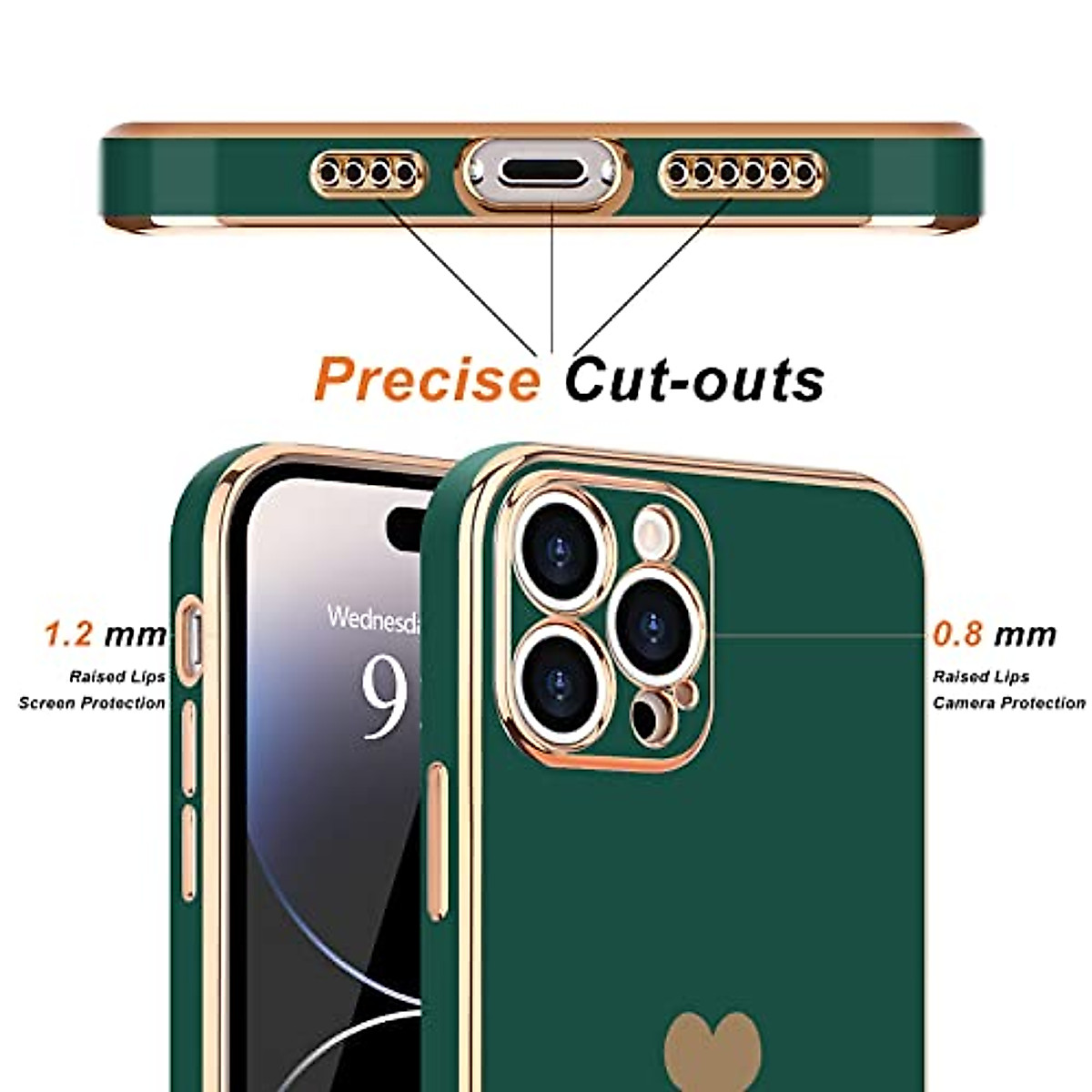 Teageo iPhone 14 Pro Case - Luxury Love Heart Design, Bling Back Cover, Camera Protection, Shockproof, Blackish Green