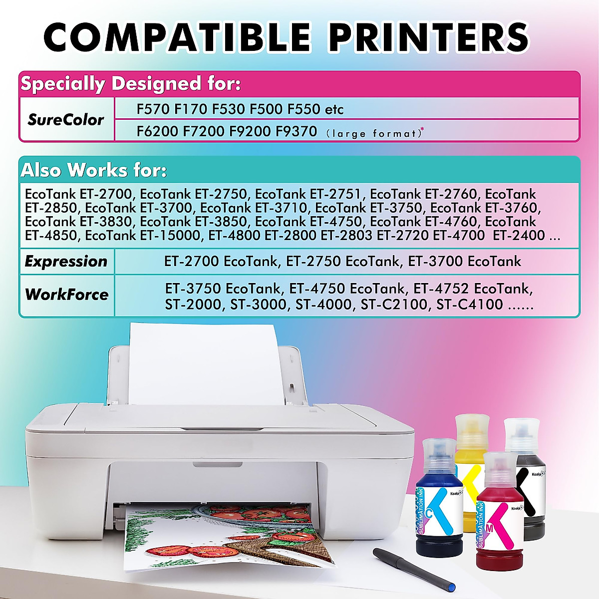 Koala Premium Sublimation Ink for ET Series Inkjet Printers ET-2400 ET-2800 ET-2803 ET-2850 ET-2720 ET-2760 ET-4800 ET-3760 ET-7720 ET-15000 /Upgrade Version/Auto-Fill