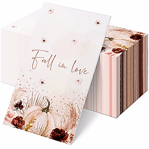 100Pcs Fall In Love Paper Napkins, Decorative Wedding Napkin Disposable Paper Hand Towels With Pumpkin Floral for Fall Wedding Bridal Showers Engagements Party Decorations,7.9 * 4.3 Inch