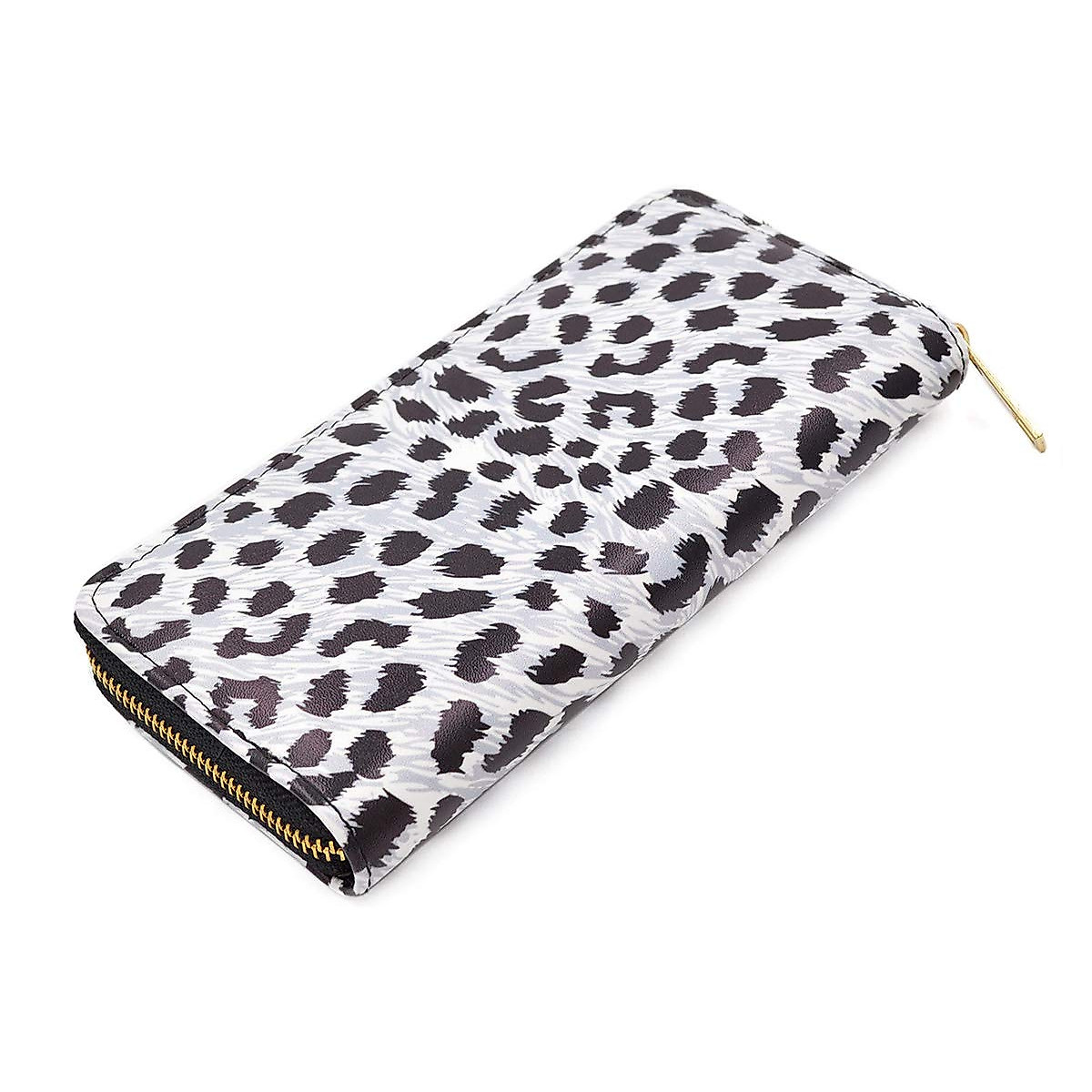 Premium Vegan Leather Animal Print Continental Zip Around Wallet, Grey Leopard