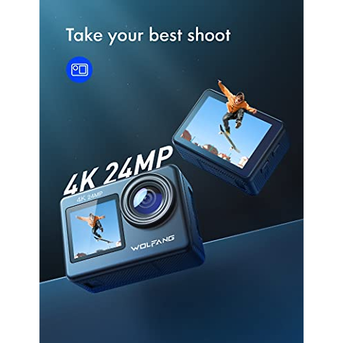 WOLFANG GA200 24MP 4K Action Camera 40M Waterproof Underwater Camera for Snorkeling, EIS WiFi Adjustable Wide Angle Dual Screen Camera for Vlog, Webcam(Charger, Remote Control and Helmet Accessories)