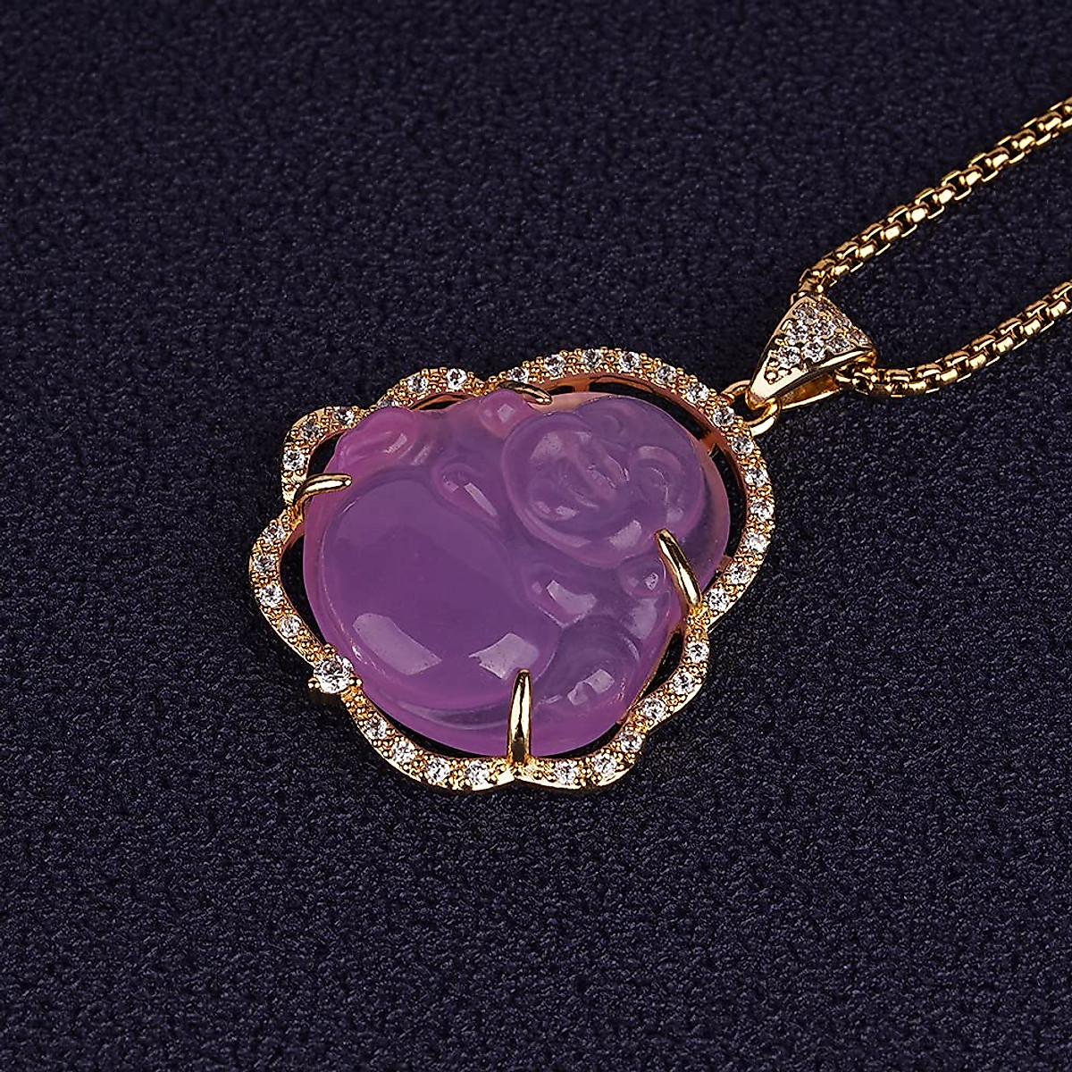 ASGIFT Amethyst Laughing Buddha Necklaces Dainty Purple Quartz Buddha Pendant with 18k Gold Plated Chain Crystal Buddah Neckless Jewelry Birthday Christmas Gift for Women Girls (20 inches)