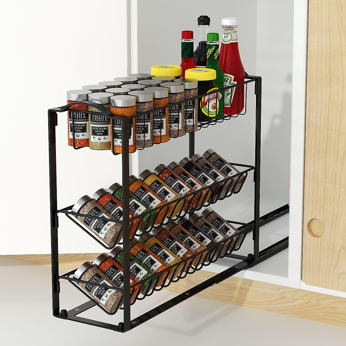 Pull Out 3-Tier Spice Rack - Sliding Organizer for Kitchen Cabinets, Under Sink Shelf, Slide Out Racks for Storage, Cabinet Organization in Kitchen, Heavy Duty Slide Out Seasoning Kitchen Organizer.