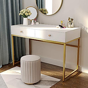 Tribesigns Computer Desk, Modern Simple 47 inch Home Office Desk Study Table Writing Desk with 2 Storage Drawers, Makeup Vanity Console Table, White and Gold